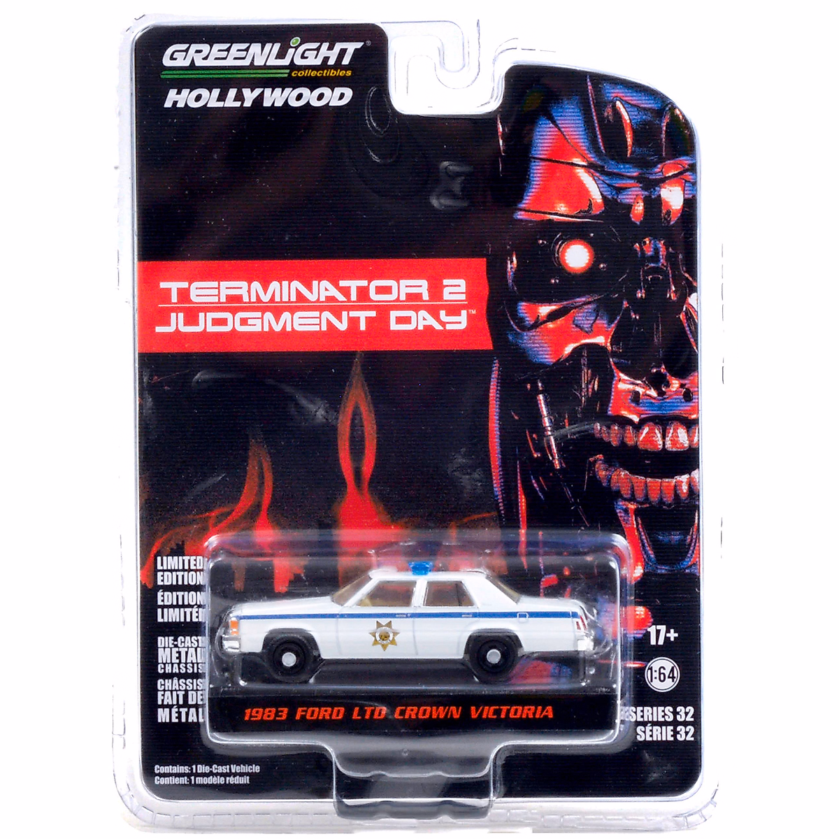 1983 Ford LTD Crown Victoria Police White Terminator 2: Judgment Day (1991) Movie Hollywood Series 1/64 Diecast Model Car by Greenlight 44920 D