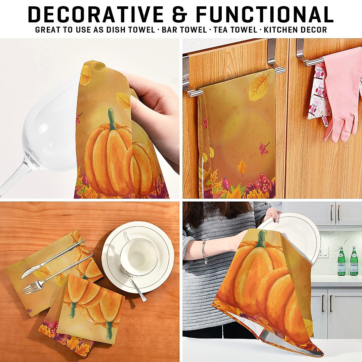 Fall Pumpkin Maple Leaves Dish Towel Cloth Happy Thanksgiving Day Harvest Autumn Kitchen Bath Hand Towel 18x28 Super Absorbent Lint Free Cleaning Cloths Tea Bar Soft Towel Kitchen Accessories Set of 1