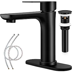 Homikit Bathroom Faucets, Black Bathroom Sink Faucet for 1 Hole or 3 Holes, Matte Black Faucet for Bathroom Sink with Pop Up Drain & Supply Hoses, Stainless Steel Single Handle RV Vanity Basin Faucet