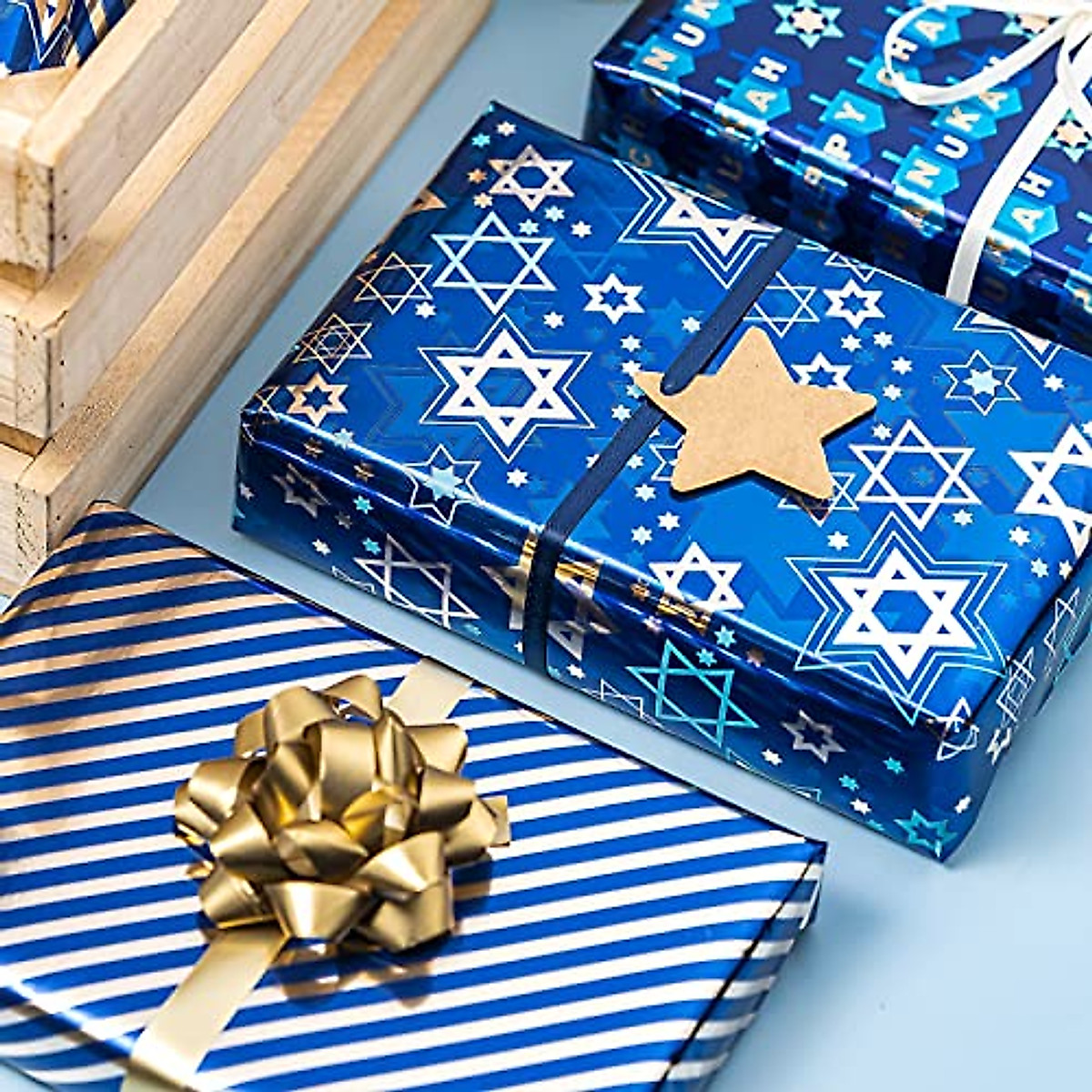 MAYPLUSS Wrapping Paper Roll - Mini Roll - 17 inch X 120 inch Per roll - 3 Different Hanukkah Design (42.3 sq.ft.ttl)