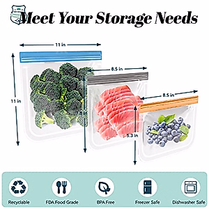 COKMART 9PCS Dishwasher Safe Silicone Bags for Food Storage,BPA Free Kitchen Bags Leakproof Freezer Reusable Bags 2 Reusable Gallon Bags/4 Sandwich Bags/3 Snack Bags for Lunch/Travel/Home