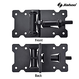 JIAHOO Self-Closing Gate Hinges Heavy Duty Door Hinges for Wooden/Vinyl/PVC Fences, 90 Degree Adjustable Gate Hinge Hardware Kit with Spring Adjuster Tool, Black(1 Pair-2 Hinges)