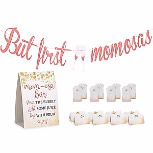 Momosa Bar Decorations – Gold Foil Banner Tags Kit, Momosa Bar Sign, 8 Bottle Tags, 8 Table Cards – Bridal Shower Bubbly Bar Champagne Baby Shower Wedding Birthday Party/mo019A