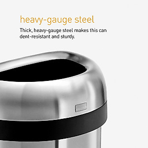 simplehuman 60 Liter / 15.9 Gallon Large Semi-Round Open Top Trash Can Commercial Grade Heavy Gauge, Brushed Stainless Steel