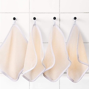 Tatuo 5 Pcs Exfoliating Face and Body Wash Cloths Towel Weave Bath Exfoliating Scrub Massage Bath Cloth for Women and Men, 10.63 x 9.05 Inch(Beige Edge)