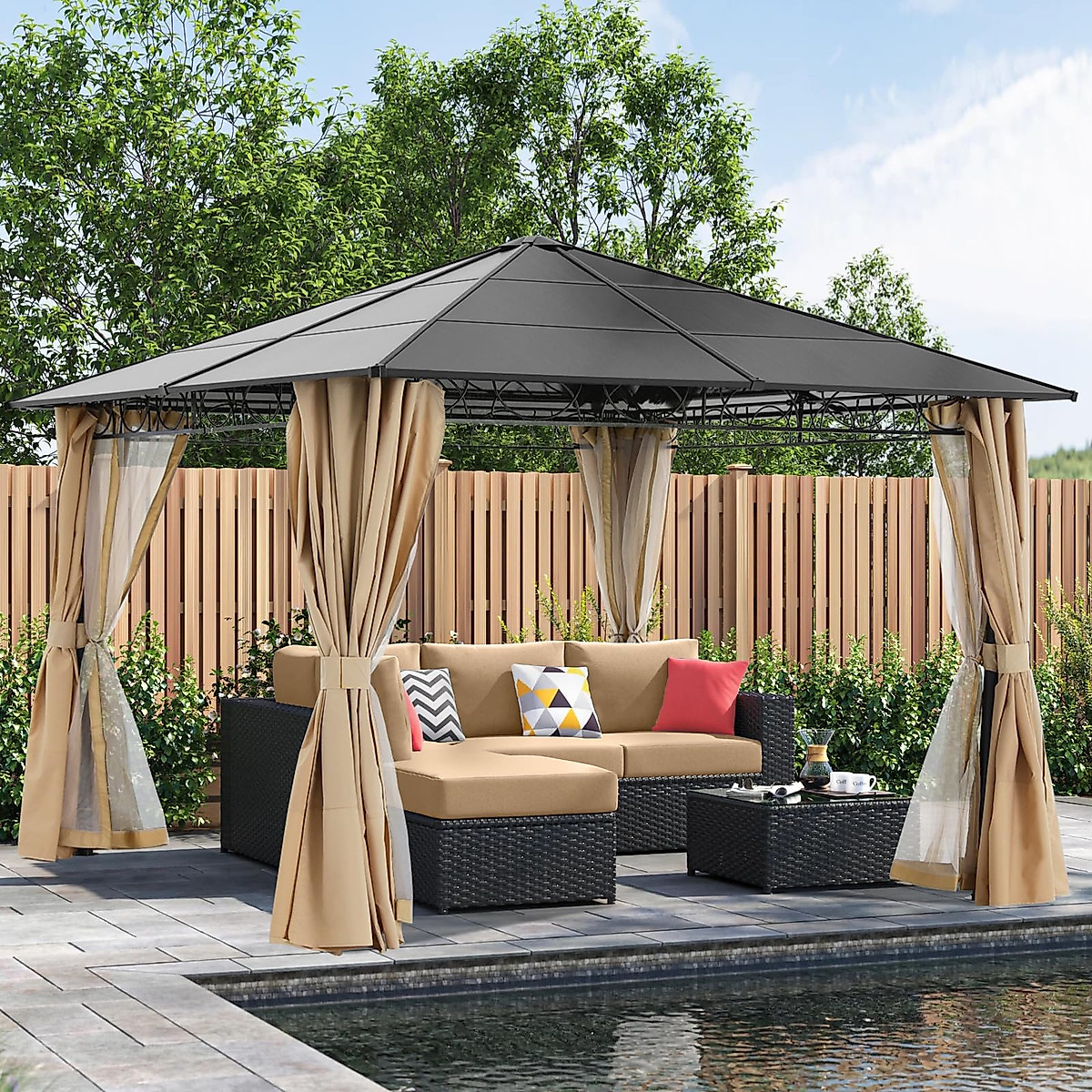 10x10 Hardtop Patio Gazebo with Curtains and Netting by ABCCANOPY