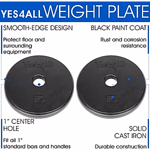 Yes4All 1-inch Cast Iron Weight Plates for Dumbbells – Standard Weight Disc Plates, 7.5 Pound (Pack of 2)