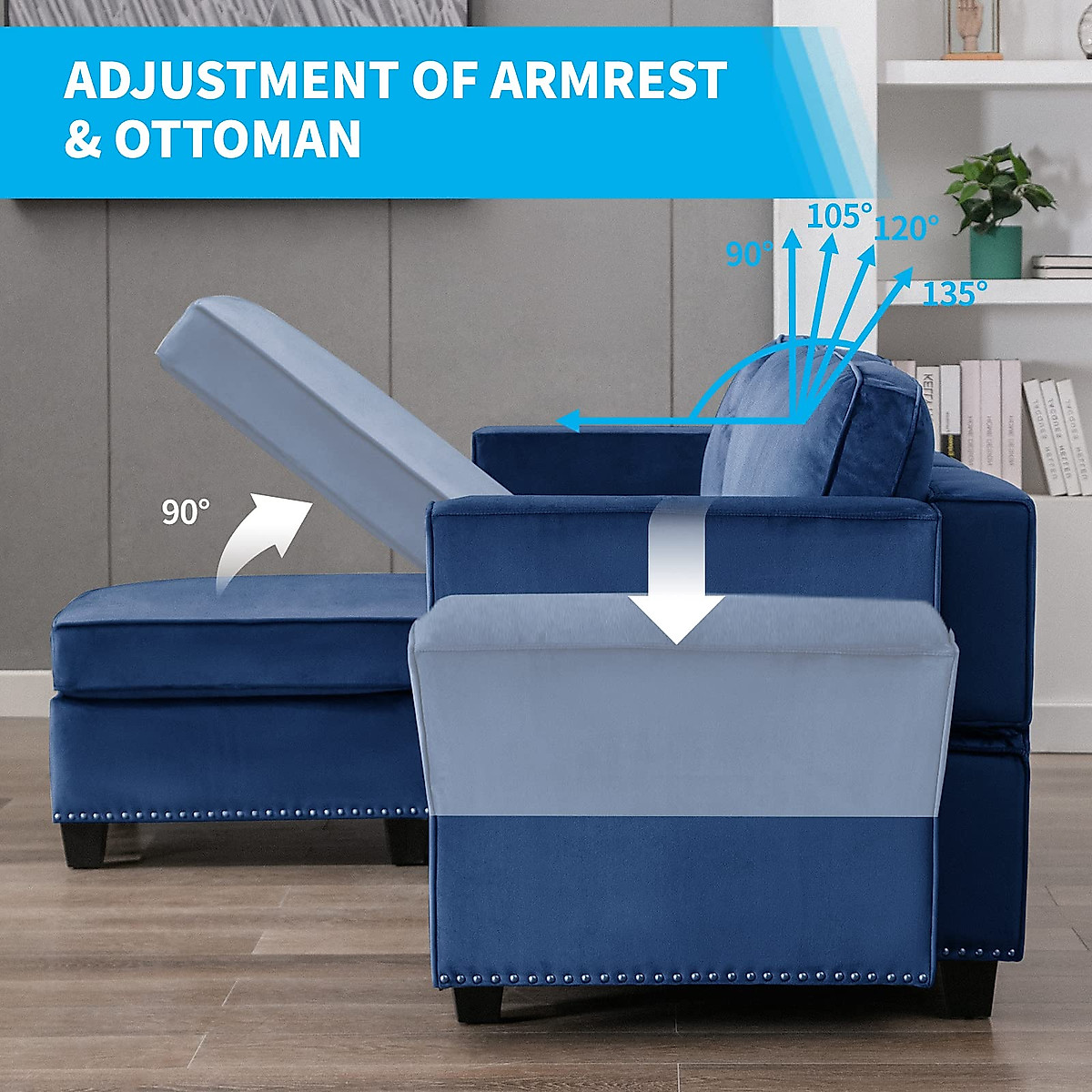 Horgaeo Reversible Sleeper Sectional Sofa, Modular U Shaped Couch with Storage Ottoman, Angle-Adjustable Armrest Velvet Fabric Sofa with Convertible Chaise for Living Room, Apartment, Studio (Blue)