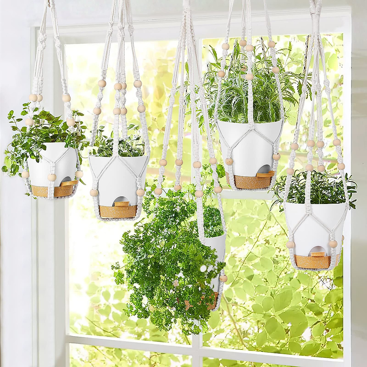 GARDIFE Hanging Planters for Indoor Plants,5Pcs Hanging Basket for Indoor Boho Home Decor,Macrame Plant Hanger,35 Inches,29Inch,23Inch, Ivory,Self Watering Planters, 7/6.5/6/5.5/5 Inch,White&White