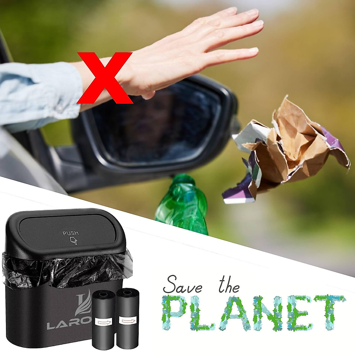 Laroba Car Trash Can with Lid - Mini Auto Dustbin Garbage Organizer | Two Roll Plastic Trash Bags | Automotive Garbage Container Bin for Vehicle, Home, Office