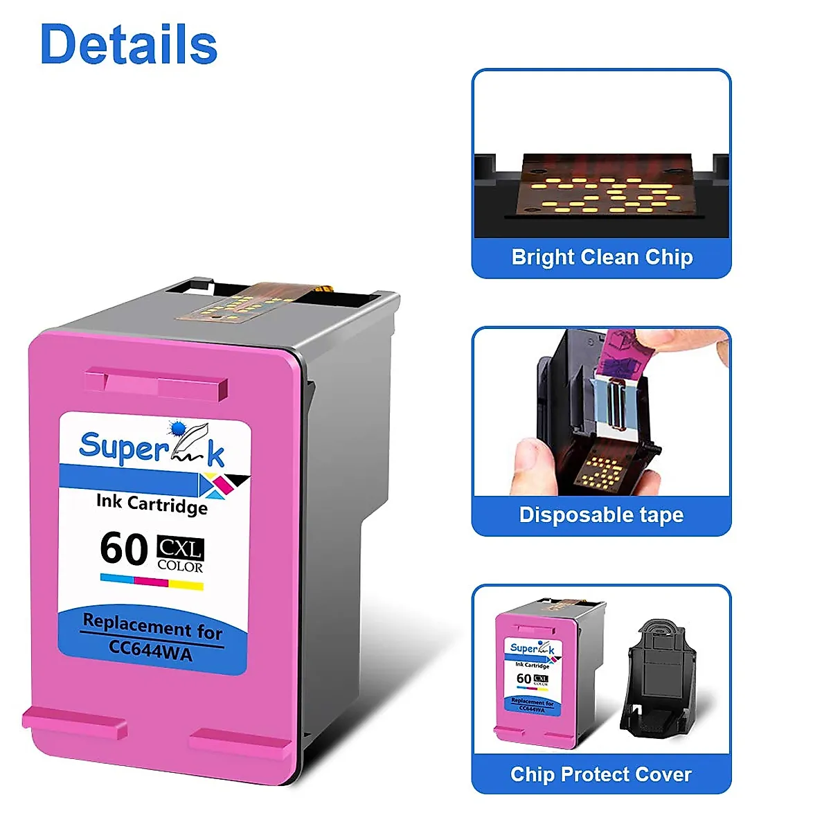 SuperInk Remanufactured Ink Cartridge Replacement for HP 60 60XL CC641WA CC644WA Compatible for Deskjet D1660 D1663 PhotoSmart C4600 C4610 Envy 100 110 All-in-One Printer (1 Black,1 Tri-Color)