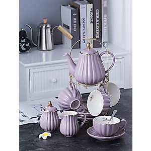 Jusalpha Fine China 8 OZ Purple Coffee Cup/Teacup, Saucer, Spoons, Teapot and Creamer set, 17-Pieces (FD-TW17PC SET, Purple)