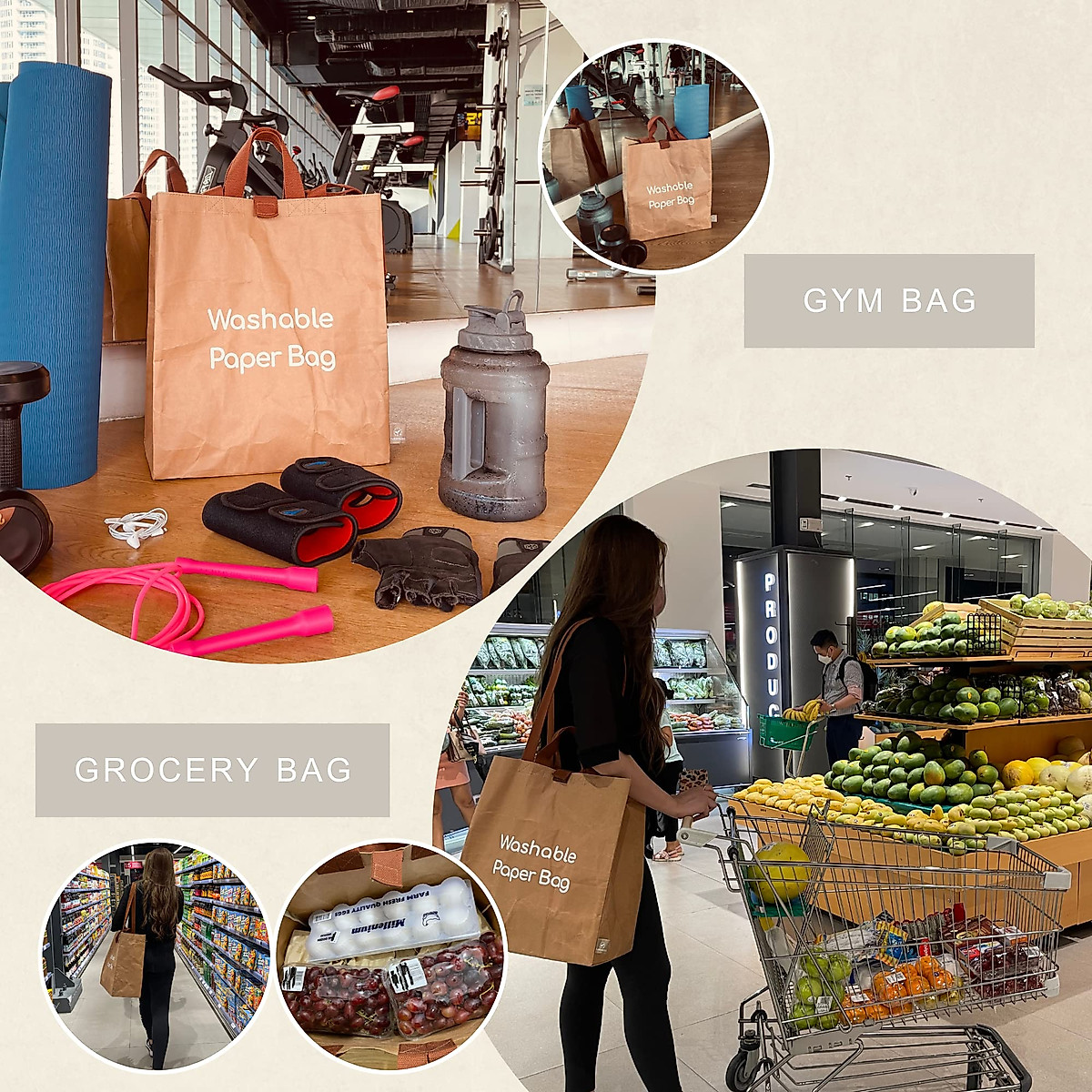 TERRAUSE Reusable Grocery Shopping Bag, Sustainable Grocery Tote Bag, Durable Washable Paper Bag with Short and Long Handles and Velcro Strap Closure, Everyday Bag, Beach Bag, Gym Bag