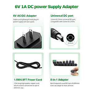 Arkare 6V 1A DC Power Supply Adapter for Speaker AC 100V-240V to DC 6 Volt 1Amp Charger for Trash Can Doorbell Alarm Monitor Baby Swing Electronic Scale Radio Speaker 6V Power Cord