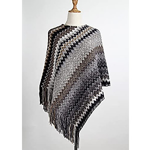 StylesILove Women Autumn Winter Knitted Zig-Zag Pullover Fringe Poncho Sweater Soft Wrap Cape Lightweight Shawl (Black)