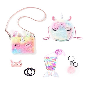2pcs Little Girl Unicorn Purses Toddler Purses,1pcs Mermaid Bag with Cat Ear Hair Clips/Elastic Hair Ties and Plush keychain