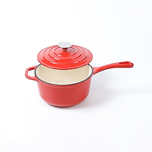 HAWOK Enameled Cast Iron Saucepan, 2.65QT Saucepan with Lid and Long Handle, Red