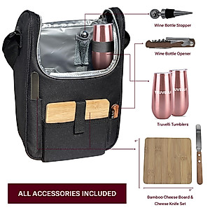 Truvelli Black Insulated Wine Tote Bag: Portable 2 Bottle Cheese Waterproof Black Canvas Carrier Picnic Kit - Stopper Attachment, Plus Wooden Charcuterie Board