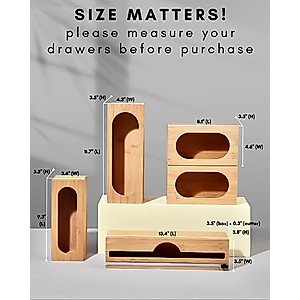 KUNABOO Bamboo Storage Bags Organizer, 5 Boxes Set Drawer Organizer for Plastic Storage Bags and Foil Plastic Wrap Cutter Dispenser (FSC Certified eco-Friendly Bamboo), Sandwich Bag Organizer