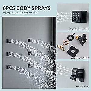Body Jet Shower System 16 Inch LED Rain Shower Head Faucet with Thermostatic Mixer Valve and 6 Massage Body Sprays and Handheld Shower Combo Set Large Flow(Matte Black)