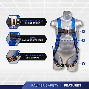 Palmer Safety Full Body Construction Harness with 5 Point Adjustment, 1D-Ring, Grommet Legs, and Fall Indicators I OSHA ANSI Roofing Tool Personal Equipment (Blue - Universal) 1D - Universal