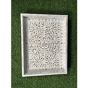 Beautifully Handcrafted Antique Mother of Pearl Serving Tray | White Colour Home Decor Tray | Decorative Food Platter | Handcrafted Ottoman Tray | Breakfast in Bed Tray - Fairdeal Handicrafts