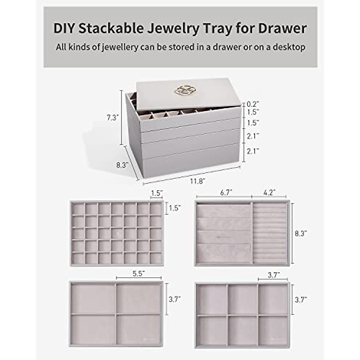 Vlando NEW Miller Jewelry Trays Stackable Showcase Display Drawer Organizer Storage- Multi-Purpose,Multiple Combinations, Large Capacity Multi-Layer Design and Fashion(Grey)