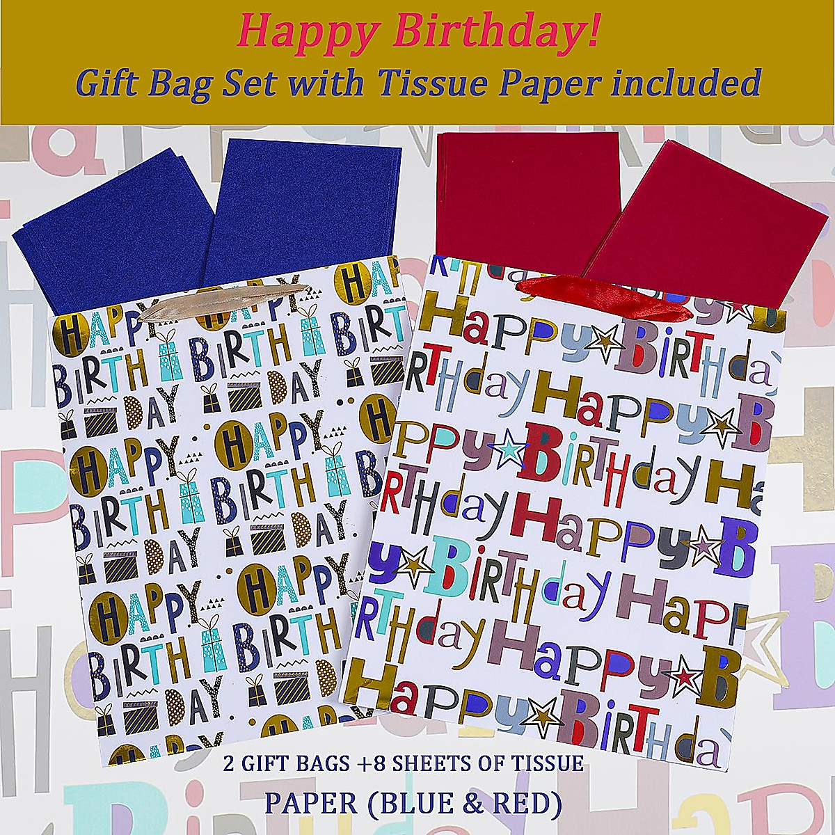 Elephant-package 2Pcs 12.6&quot; Large Happy Birthday Gift Bags with Tissue Paper for Birthday Party.