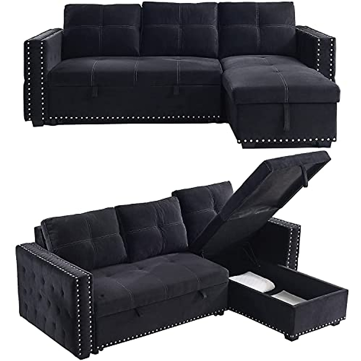 Sectional Sofa with Chaise, HABITRIO 91" L-Shape Loveseat Couch w/Roll-out Sleeper Bed, Reversible Storage Lounge, Black Velvet Upholstered Button Tufted Nailhead Trim Accent Furniture for Living Room