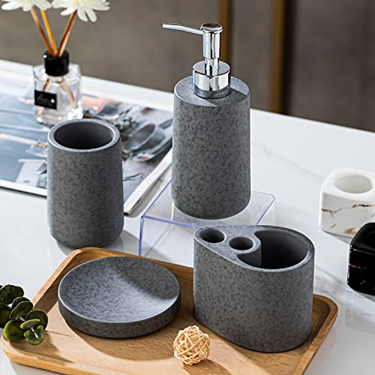 Artchirly 4 Piece Bath Accessory Set for Vanity Countertops,Grey Stone Color/Cement Grey Color Concrete,Made of Cement Luxury Ensemble Dish,Lotion Dispenser,Soap Dish,Tooth Mug,and Toothbrush Holder
