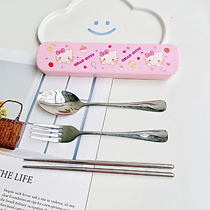 Kawaii Kitty Portable Stainless Steel Flatware Set, 3 Pack Reusable Travel Utensils Dinnerware Set with Case, Camping Cutlery Set, Chopsticks Fork Spoon Tableware