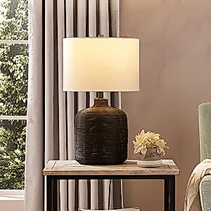 Henn&Hart 20.5" Tall Petite/Rattan Table Lamp with Fabric Shade in Black Rattan/White, Lamp, Desk Lamp for Home or Office