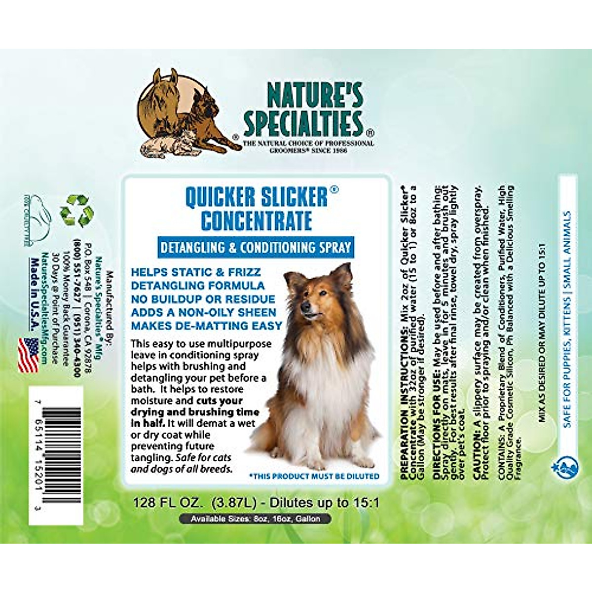 Nature's Specialties Quicker Slicker Ultra Concentrated Detangling and Conditioning Spray for Pets, Makes up to 2 Gallons, Natural Choice for Professional Groomers, Helps Restore Moisture, Made in USA, 16 oz