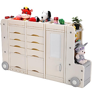 Arlopu Kids Toy Organizers and Storage Bins, Multi-Layer Storage Cabinet Organizer, Multipurpose Bookshelf and Toy Box, 1 Closed Cabinet & 10 Pull-Out Drawer for Playroom, Nursery, Large
