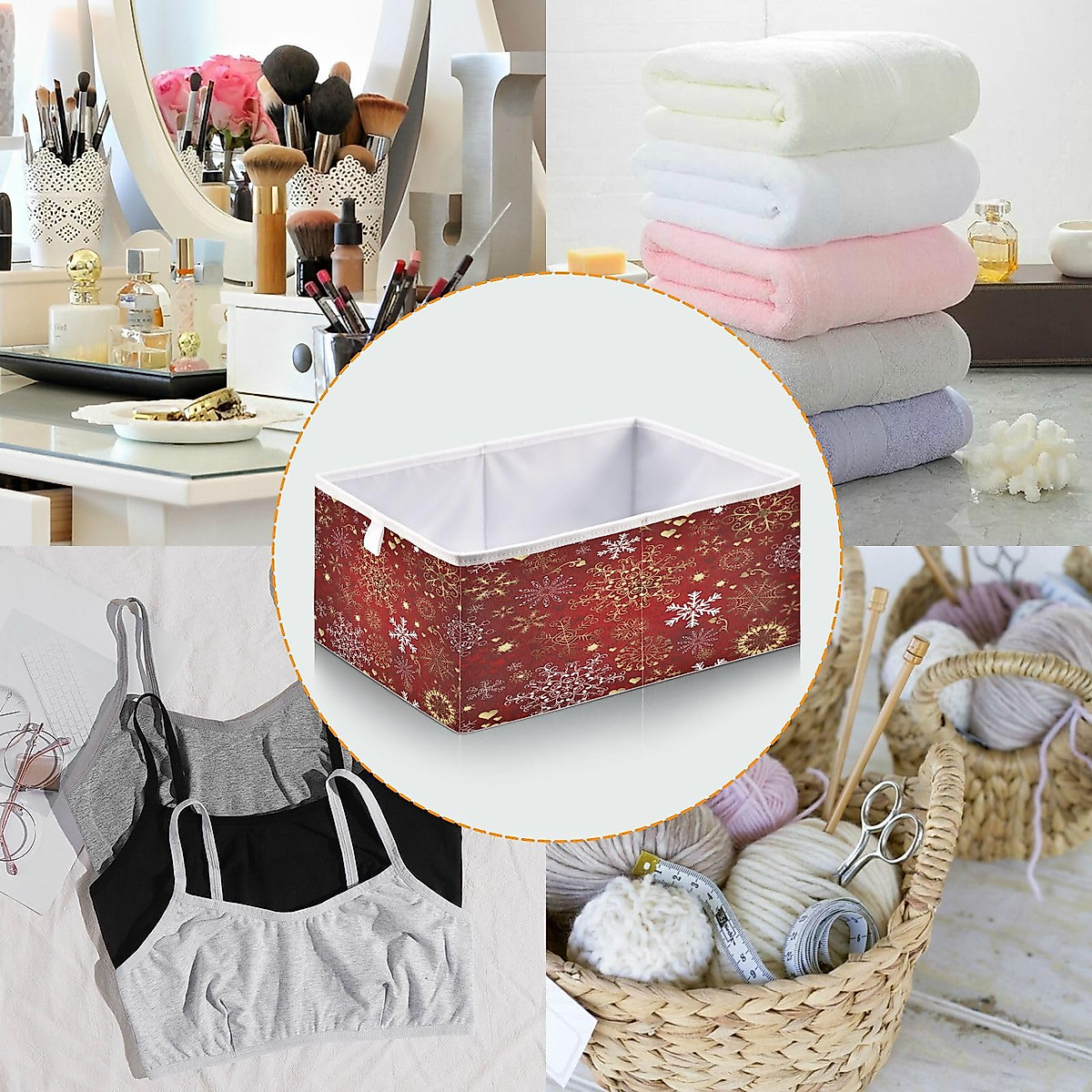Christmas Red Gold and White Snowflakes Closet Organizers Storage Cubes Storage Bins Shelf Baskets Containers for Home Room Office,Square