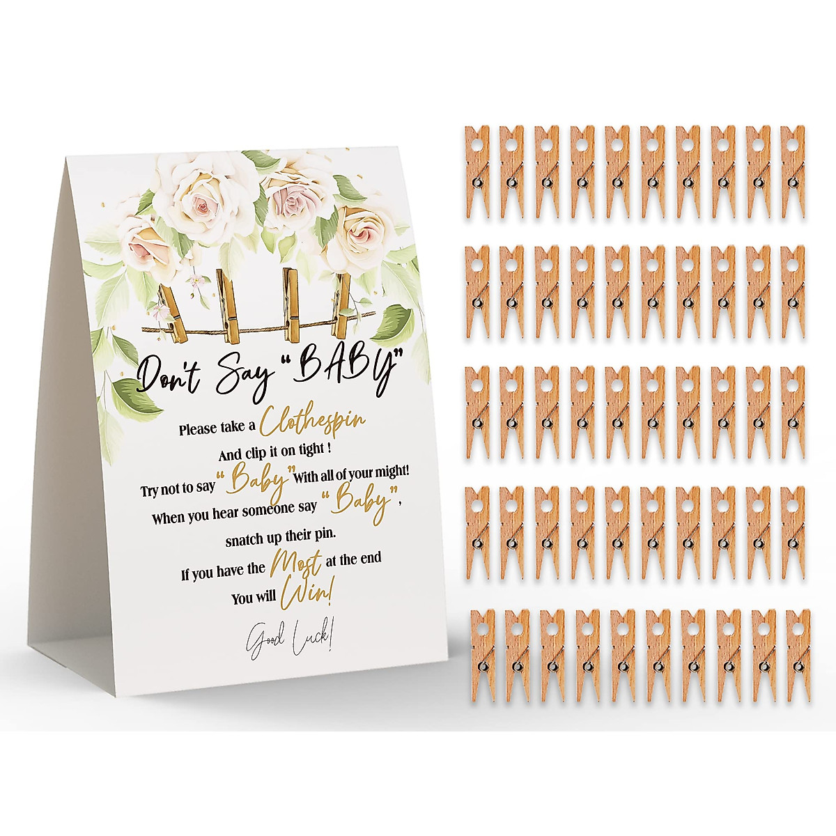 Don't Say Baby Sign, Baby Shower Clothespin Game, Includes a 5x7 Standing Sign and 50 Mini Natural Clothespins - Toctose055
