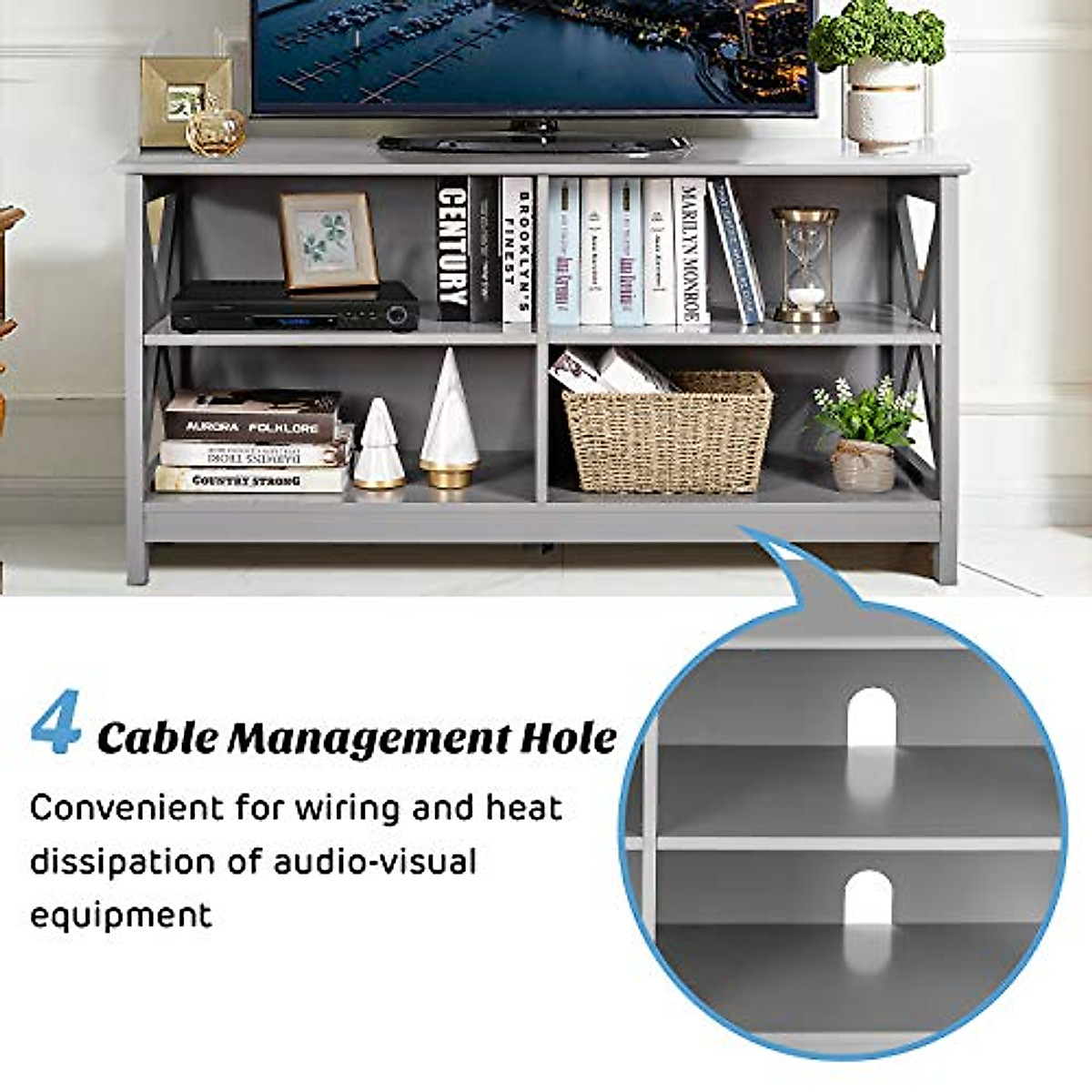 KOTEK Wooden TV Stand for TVs up to 55 Inch, Farmhouse TV Console Table with 4 Open Storage Shelves, Entertainment Center Television Stand for Living Room, Bedroom (Grey)