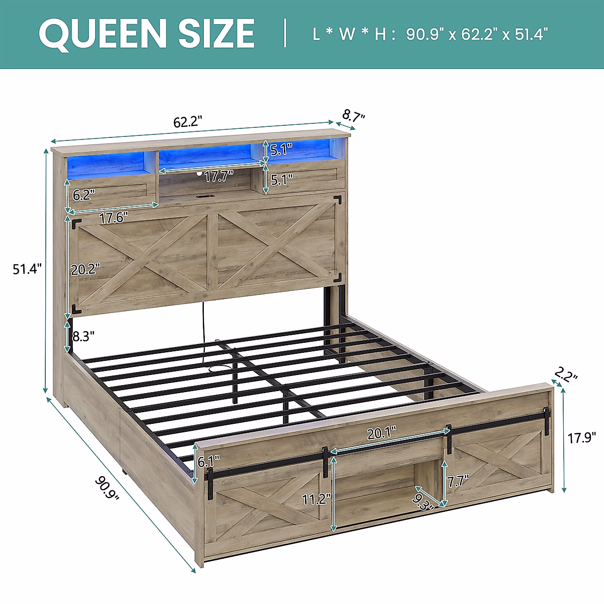 Hasuit Farmhouse Bed Frame Queen Size with LED Lights and Charging Station, 51.4" High Headboard with Storage Shelves and Rustic Country Queen Bed with Sliding Barn Door Storage Footboard, Rustic Oak