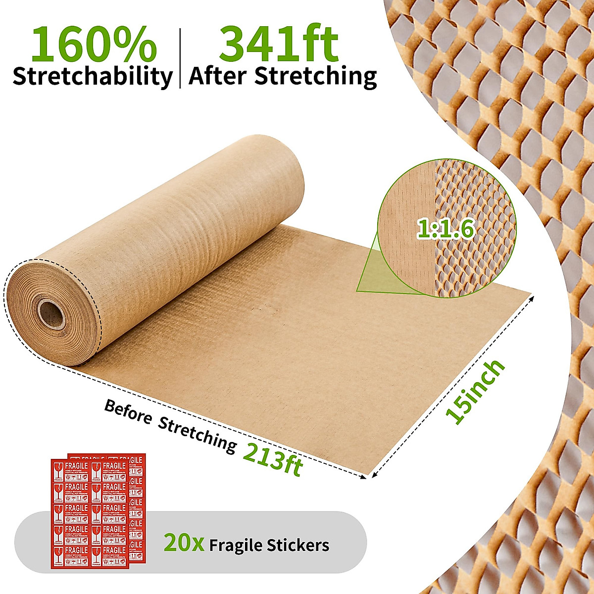 JARLINK Honeycomb Packing Paper, 15"x 213' Bubble Packing Wrap for Packing/Shipping/Moving, Eco-Friendly Bubble Packing Paper Wrapping Roll, Recyclable Moving Supplies With 20 Fragile Sticker Labels