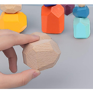 LSJDEER 40 PCS Wooden Rocks Balance Stones Building Blocks Set, Colored Wood Balancing Stone Stacking Game, Lightweight Natural Educational Preschool Learning Large Small Puzzle Toy for Kids