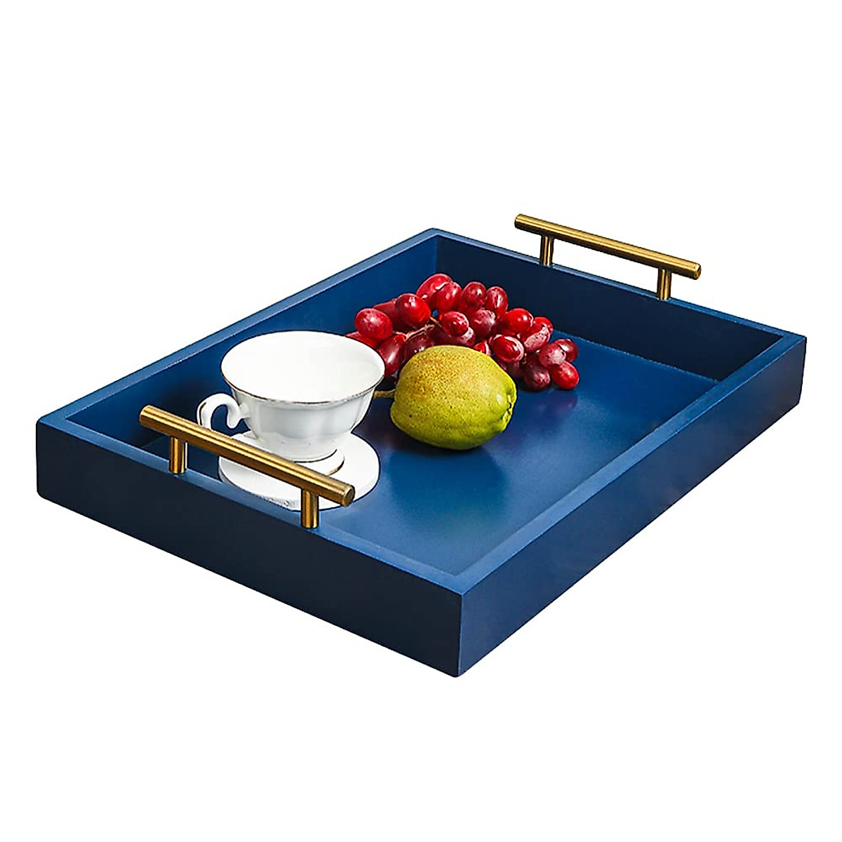 Juleduo Serving Tray 16.5“X 13“Deluxe Wooden Ottoman Tray for Coffee Table with Polished Silver Metal Handles and 4 Coasters, Living Room Bathroom Coffee Bar Organizer Modern Decorative Blue Tray