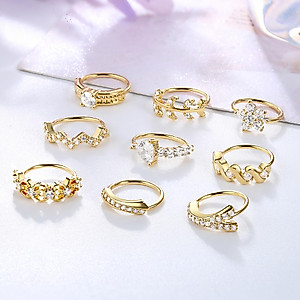 UBGICIG 9Pcs 20G Stainless Steel Nose Rings Hoop for Women Men Paved CZ Cute Cartilage Helix Earrings Hoop Body Piercing for Nose Ear Gold Silver Plated (Gold)