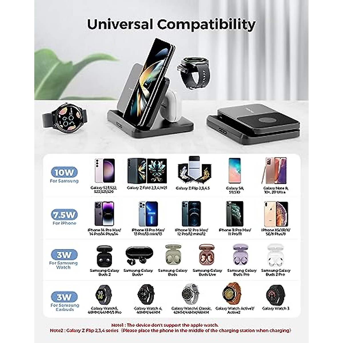 Charging Station for Samsung 3 in 1 Foldable Wireless Charger Fast Charger Dock Stand for Galaxy Z Fold 4/3, Z Flip 5/4/3, S23/S22/S21/S20, Note20/10 Ultra, Watch 5 Pro/5/4/3/Active, Buds+/2/Pro/Live
