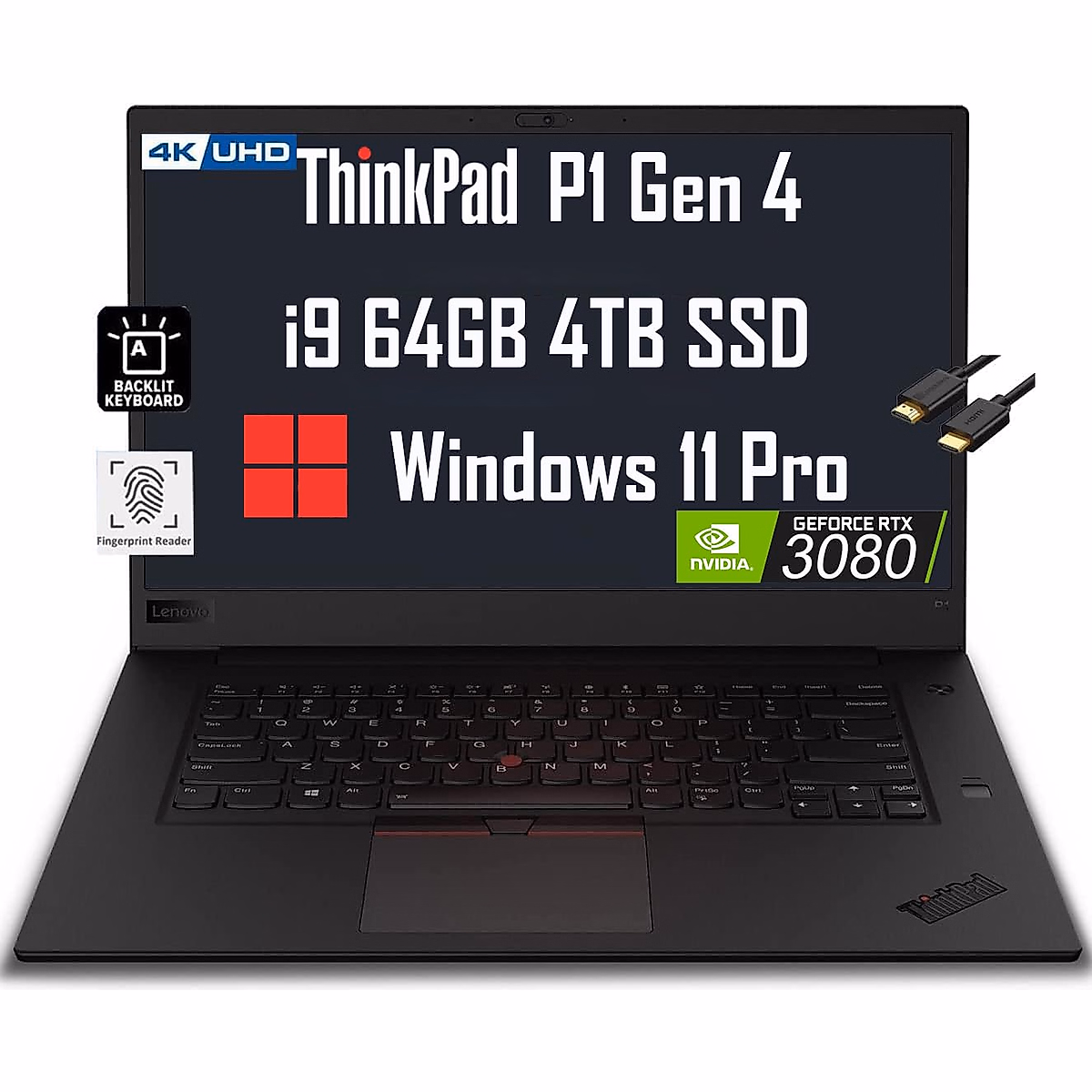 Lenovo ThinkPad P1 16" 4K (3840x2400) (Intel Core i9-11950H vPro, 64GB RAM, 4TB SSD, RTX 3080 16GB) Mobile Workstation Laptop, Fingerprint, Backlit, 3-Yr WRT, IST Cable, Wi-Fi 6, Win 11 Pro