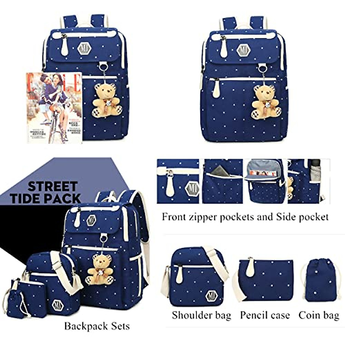 VIDOSCLA 3Pcs Wave Point Canvas School Bag Primary Student Backpack British Wind Elementary BookBag Bag Sets with Plush Doll