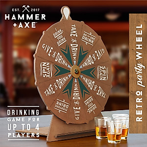 Hammer + Axe Vintage Drinking Wheel Game with 4 Shot Glasses, Tabletop Alcohol Drinking Game for Adults, Party Icebreaker, Entertaining & Fun Activity for Tailgating, Pregaming, Parties, BBQ