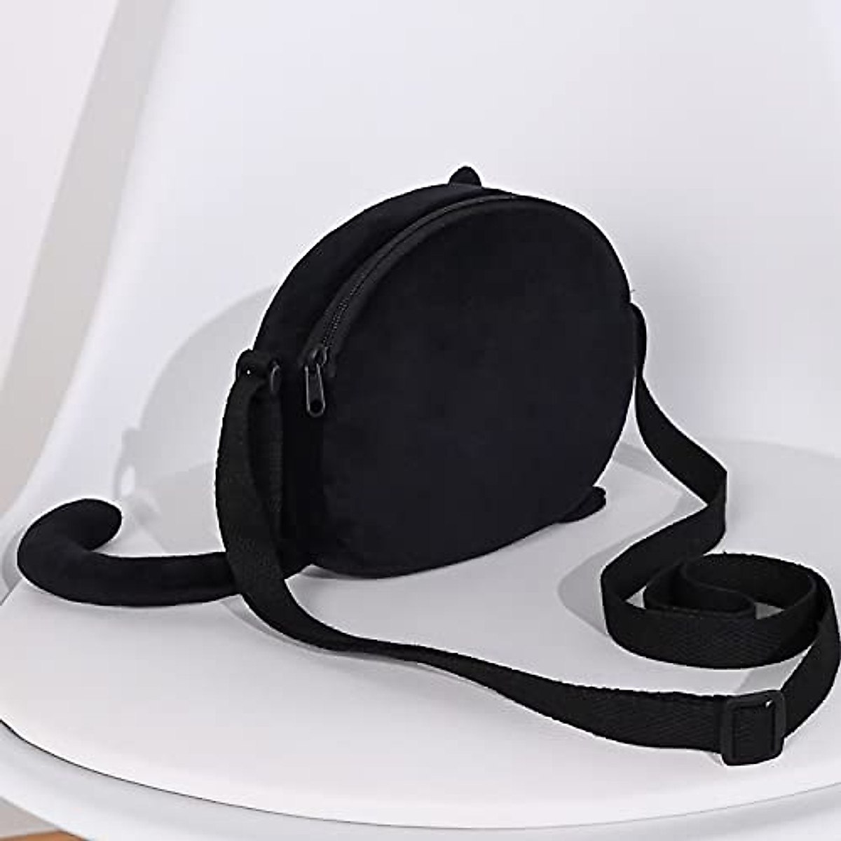 Chubby Plush Cat Crossbody Bag For Women, Cute Kitty Shoulder Bag With Tail, Lovely Animal Purse Satchel for JK Lolita (Black)