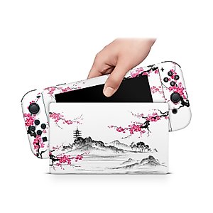 ZOOMHITSKINS Compatible with Switch Skin Anime Cover Japanese Asian Temple Cherry Blossom Flower Nature Pink Samurai 3M Vinyl Decal Sticker Wrap, Made in The USA