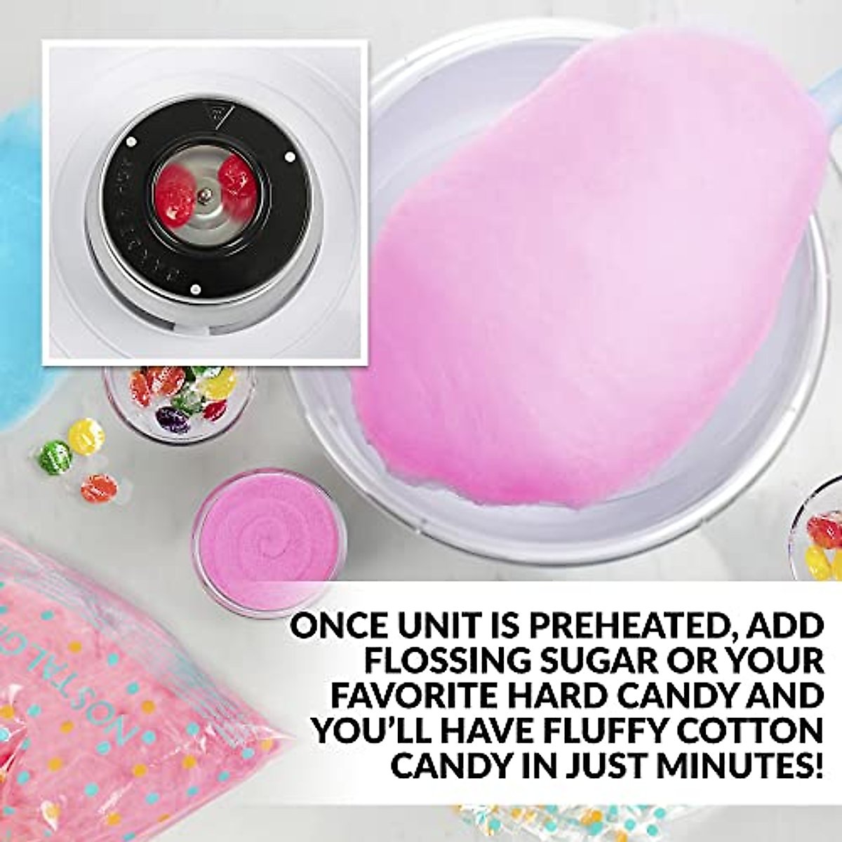 Nostalgia Retro Countertop Cotton Candy Maker, Vintage Candy Machine for Hard Candy & Flossing Sugar, Includes 2 Reusable Cones and Scoop, Retro Red