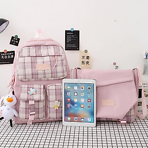 MININAI 4PCS Aesthetic College Backpack Set with Plushies Kawaii Large Backpack 15.6" Laptop Preppy Daypack Cute Backpack (Green,One Size)